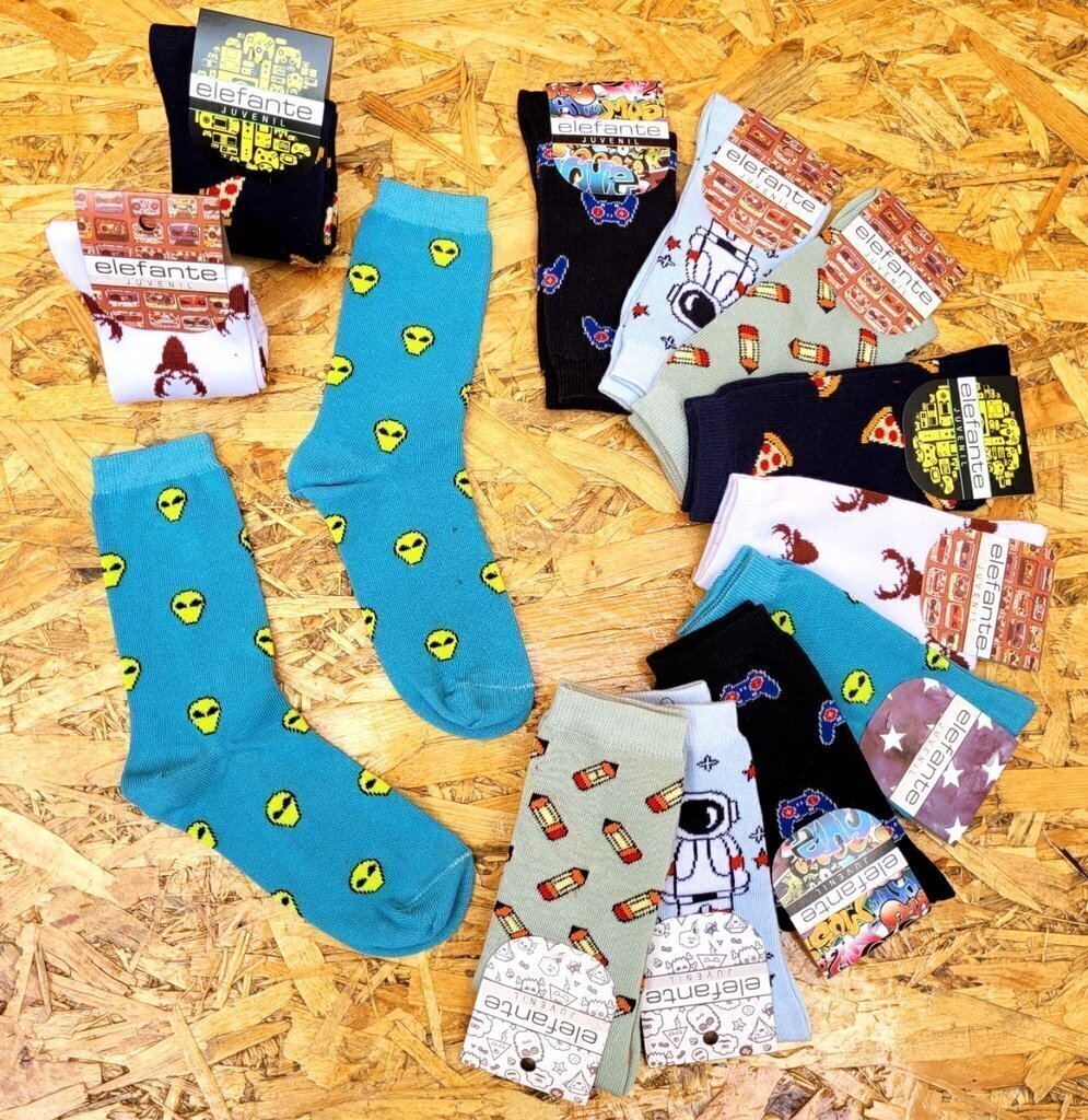 MEDIAS JUVENIL ESTAMPADAS ALGODON LYCRA VARON LINEA: ELEFANTE ART E2033 TALLE 35 AL 38 (X DOCENA)